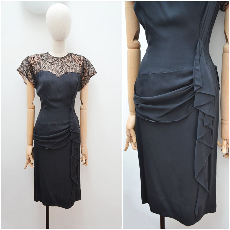 1940s Nan Parker illusion lace beaded rayon swag evening dress - Extra – Vera Mode Vintage